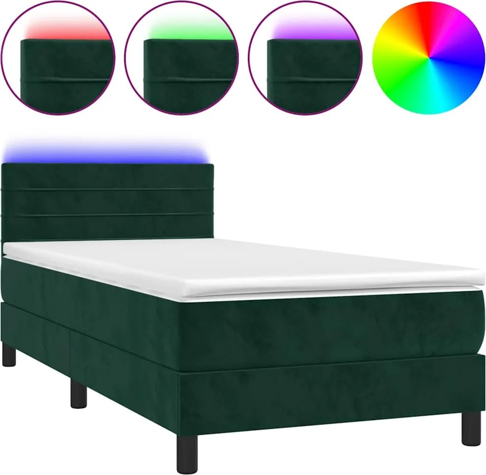 Box spring postel s matrací a LED tmavě zelená 80x200 cm samet 3134432