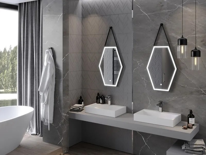 Mexen Orla osvětlené koupelnové zrcadlo 50 x 70 cm, LED 6000K, anti-mlžný, černý rám - 9815-050-070-611-70