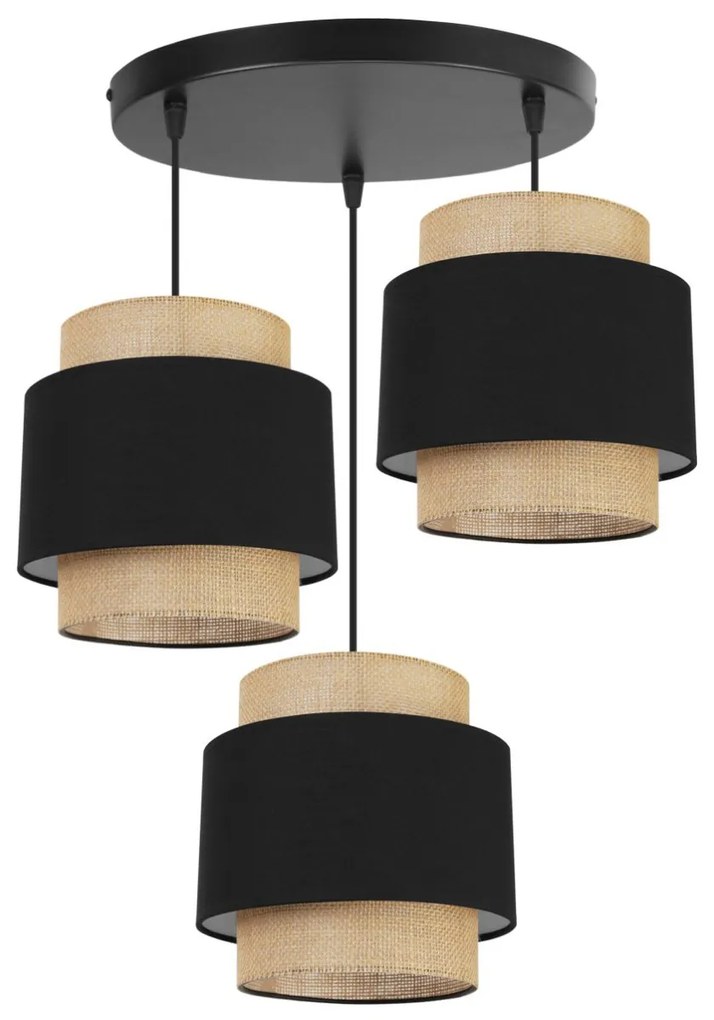 Závěsné svítidlo Boho, 3x jutové/černé textilní stínítko, o