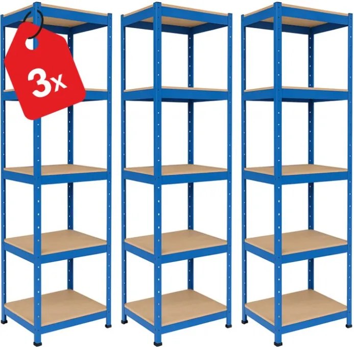 Akce 3x Regál 180x40x40 cm lakovaný 5-policový, nosnost 875 kg - modrý
