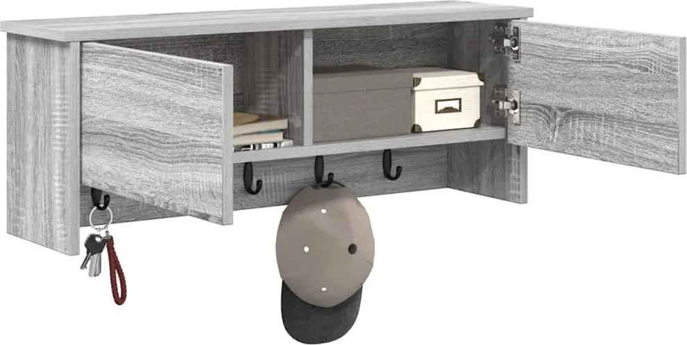 věšák, nástěnný, s dvířky, háčky, kompozitní dřevo, 30x80x20 cm, šedá sonoma, Dekorino TK20260024