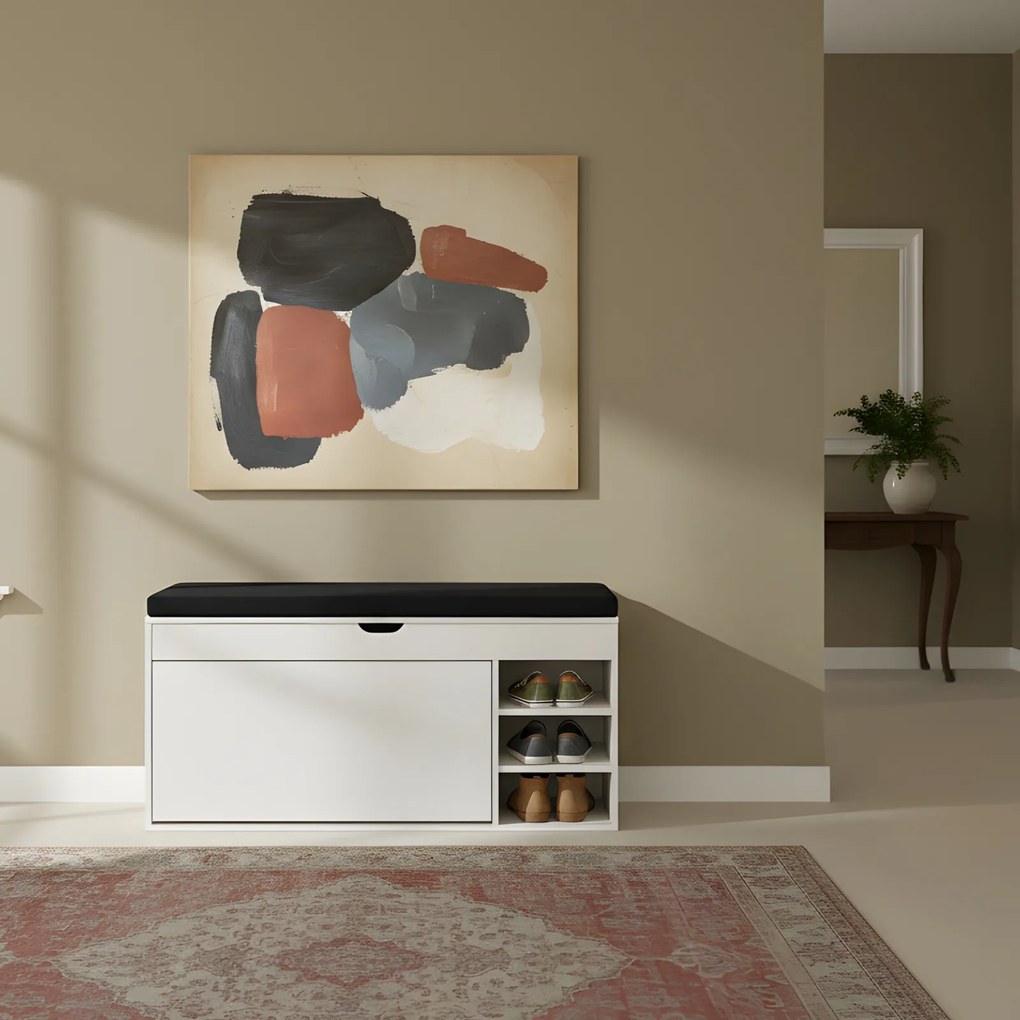 Botník bílý se sedákem a výsuvnými policemi GRADIA, 100 x 34 x 50 cm
