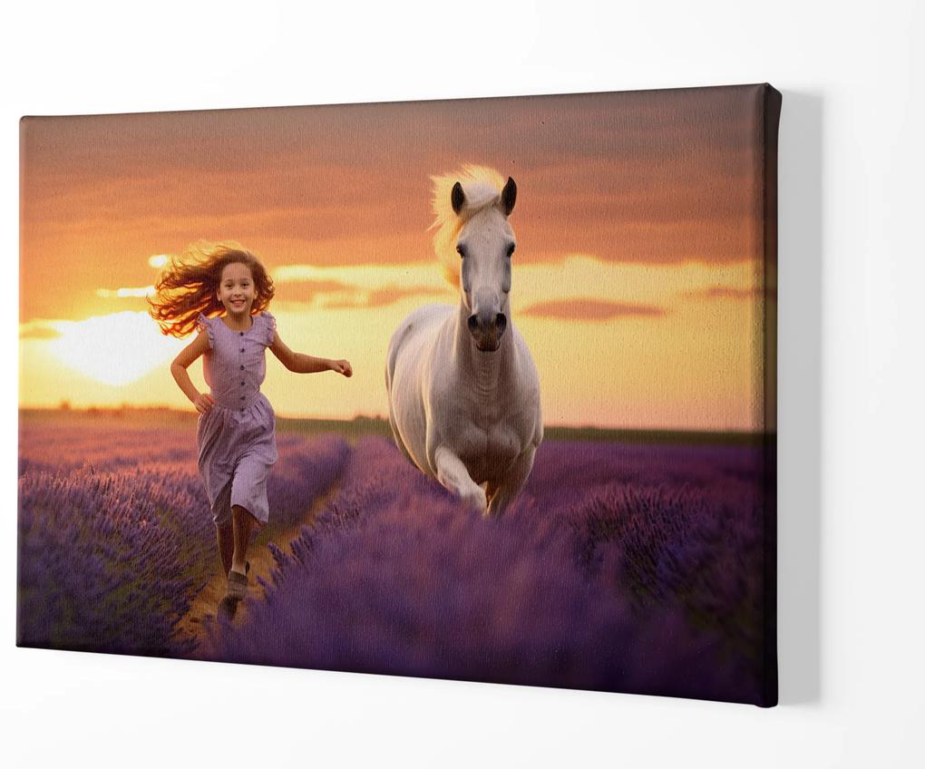 Obraz na plátně - Levandulové přátelství, kůň Whisper a mladá dívka FeelHappy.cz Velikost obrazu: 120 x 80 cm