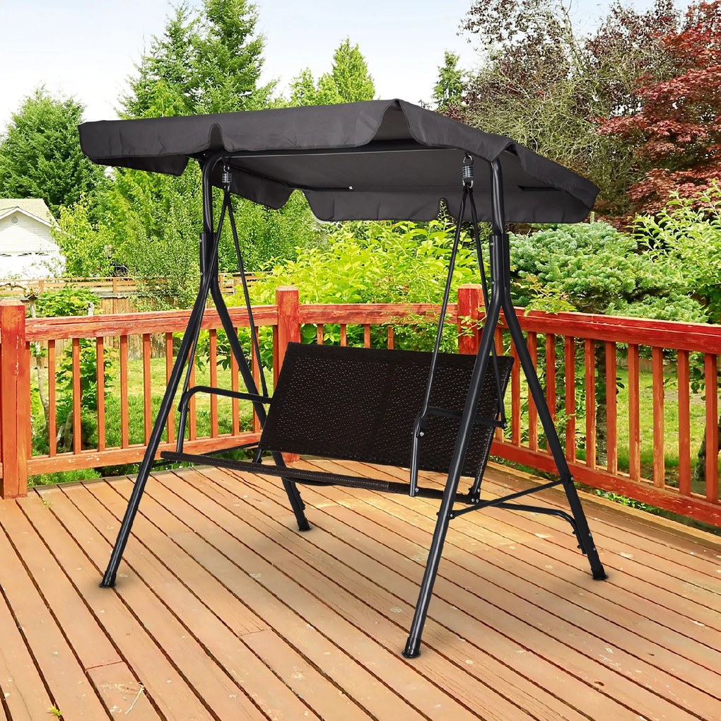 Outsunny Hollywoodský houpač 2-místný zahradní houpačka s nastavitelnou sluneční střechou, ocelový rám, ratan 140 x 110 x 151 cm
