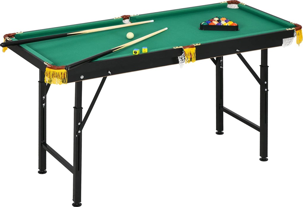 Skládací hrací stůl SPORTNOW 4,6 ft, 140 x 63 x 55-75 cm, biliardový stůl s příslušenstvím, trojúhelník, 2 tága, 16 koulí pro mládež a dospělé, ocelov