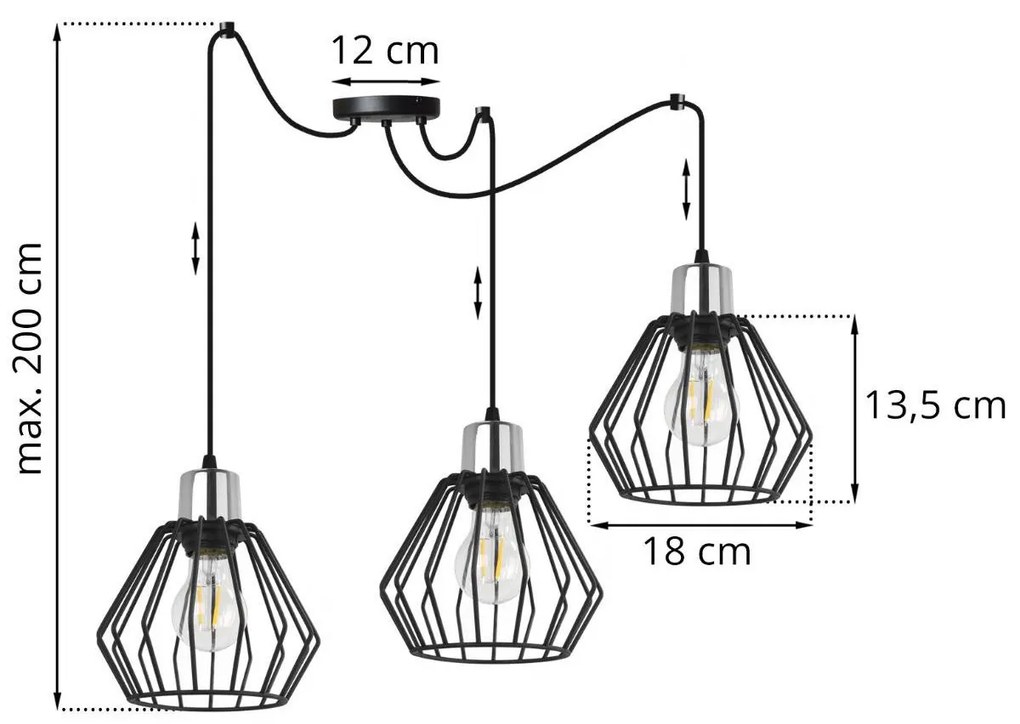 Závěsné svítidlo NUVOLA SPIDER 4, 3x černé drátěné stínítko, CH