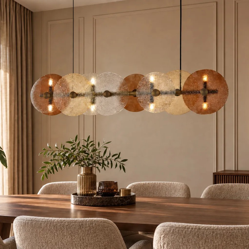 Art Deco závěsná lampa bronzová s jantarovým sklem, 8 světel - Text