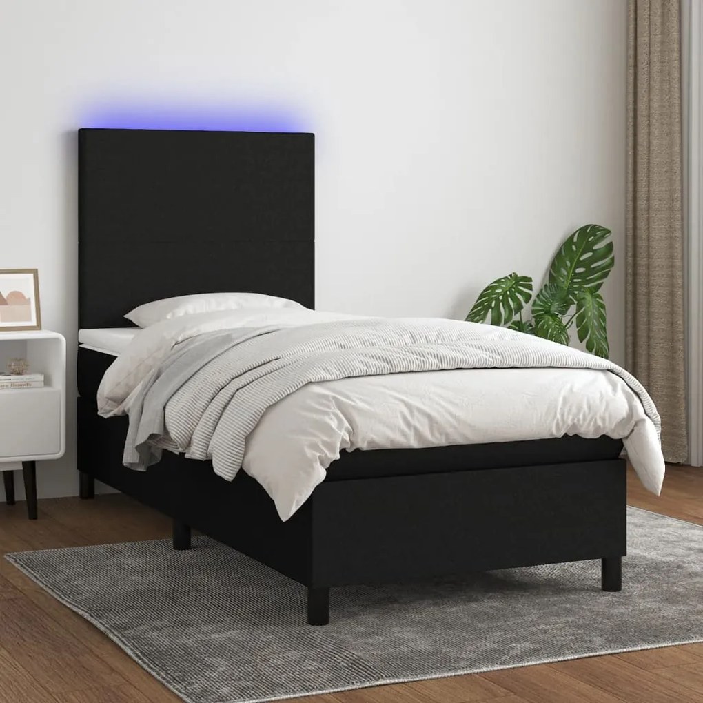 Box spring postel s matrací a LED černá 90x200 cm textil