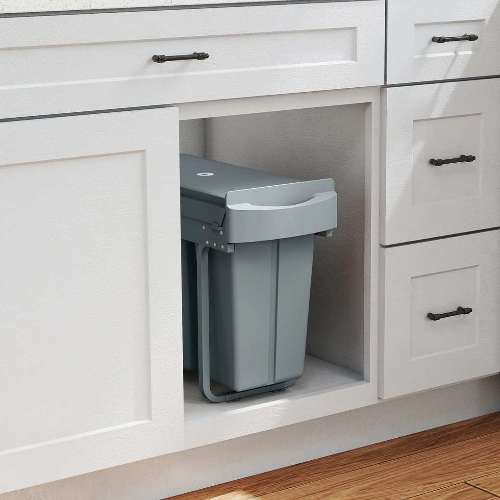 HOMCOM Vysunovací odpadkový koš, kuchyňský koš s 2 vyjímatelnými nádobami, rukojeť, 30 litrů (20 L + 10 L), kov, šedá