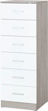 HOMCOM komoda se 6 zásuvkami, vysoká komoda do ložnice s ochranou proti převrácení, 40x40x110 cm, světle šedá a bílá