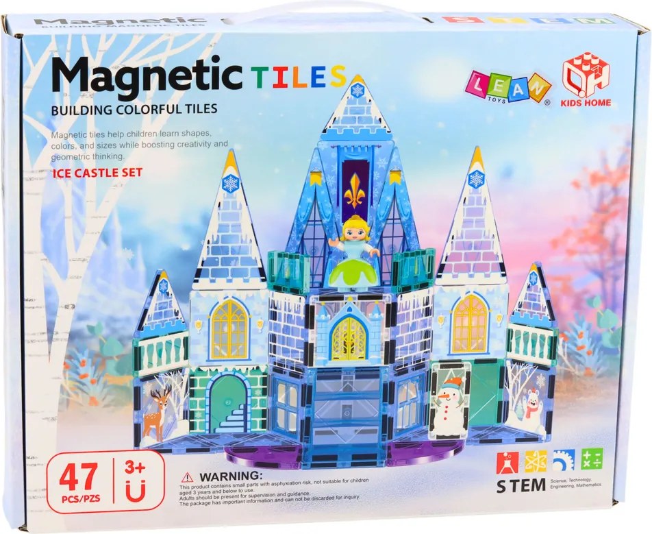 LEAN Toys Magnetické stavební kostky – Zámek ledové princezny, modré, 47 dílů