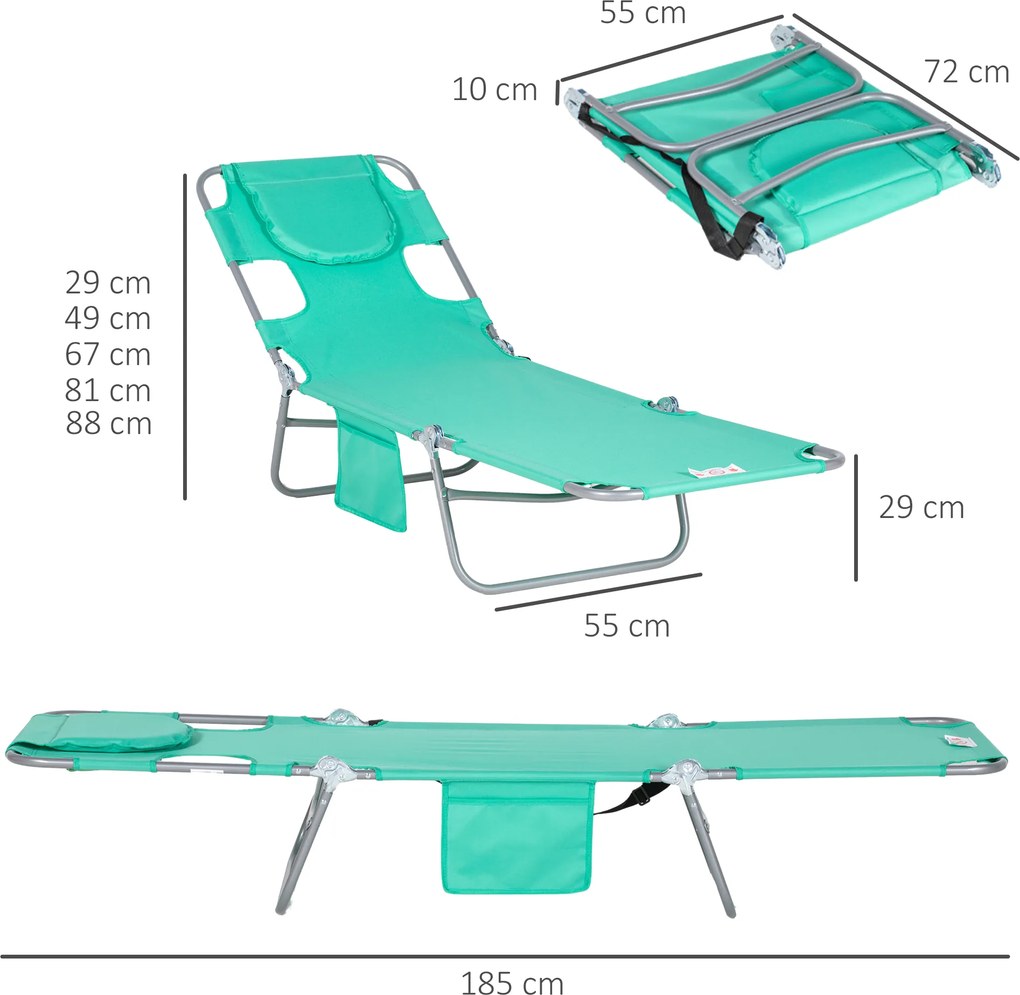 Gartenliege, Liegestuhl mit gepolsterter Gesichtsöffnung, Massage-Liege für draußen, Seitentasche, Stoff, Metall, Grün