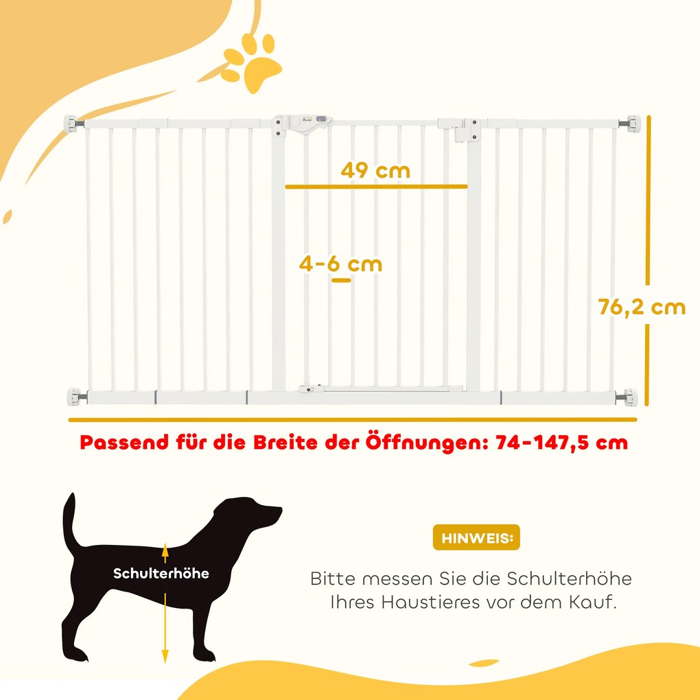 PawHut dveřní bezpečnostní brána pro psy bariérová brána pro domácí mazlíčky 74-147,5 cm psí brána 3 nástavce schodišťová brána bez vrtání kovová bílá