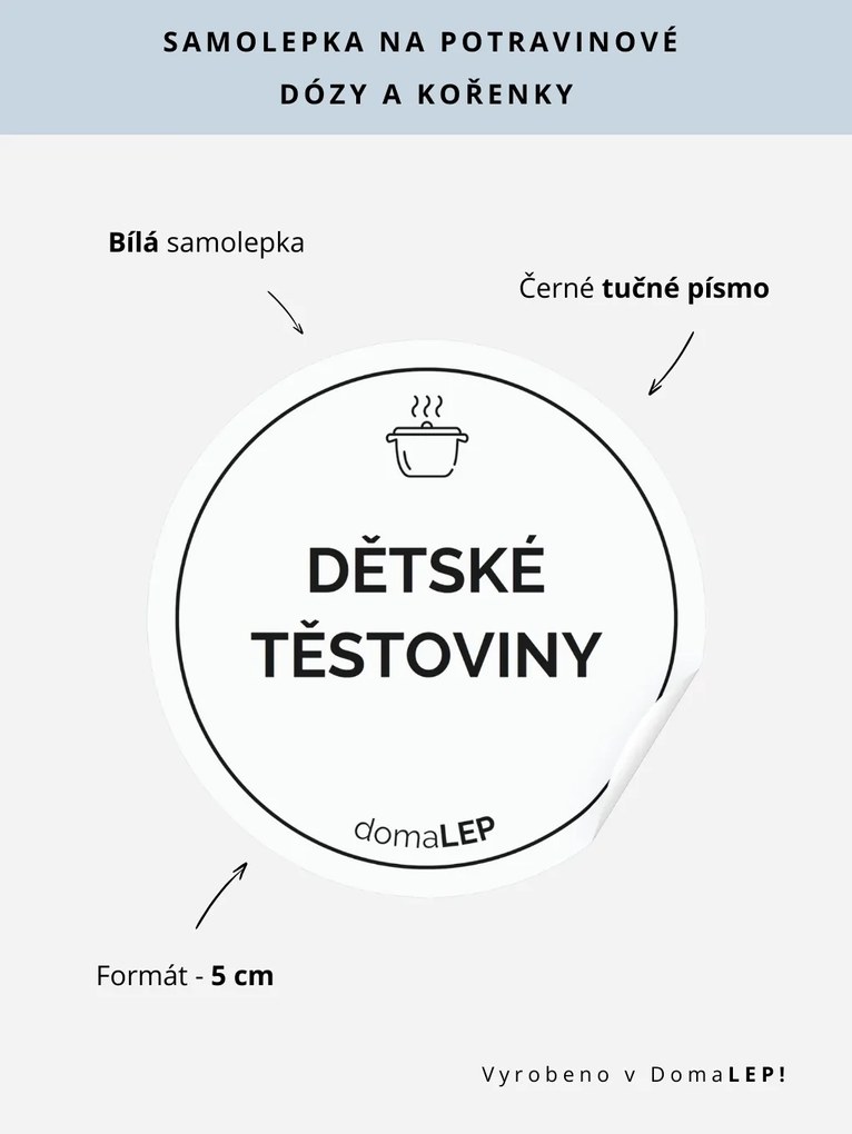 DĚTSKÉ TĚSTOVINY  – bílá samolepka na dózu, tučné písmo, 5 cm | DomaLEP