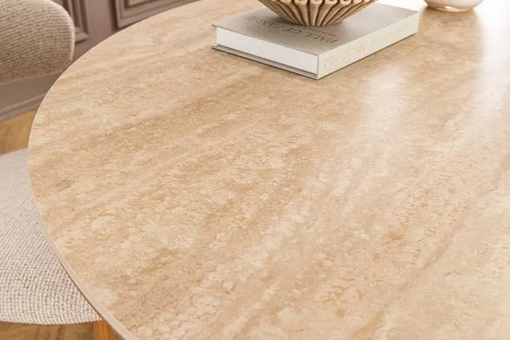 Kulatý keramický jídelní stůl Parthenia 120 cm travertin / dub