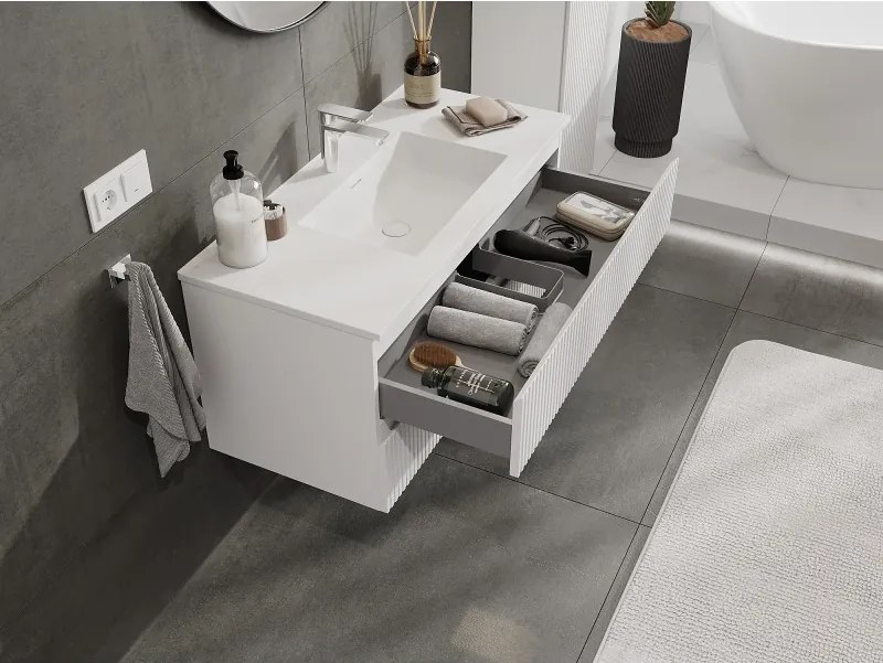 Mexen Rivel, koupelnová skříňka 100 cm s umyvadlem Otis, 2 zásuvky, drážkovaná, bílá matná, 91A20-10047-2-BFF01-W18M01