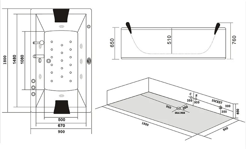 BPS-koupelny Hydromasážní vana HYD-RA640 180x90 bez ohřevu vody