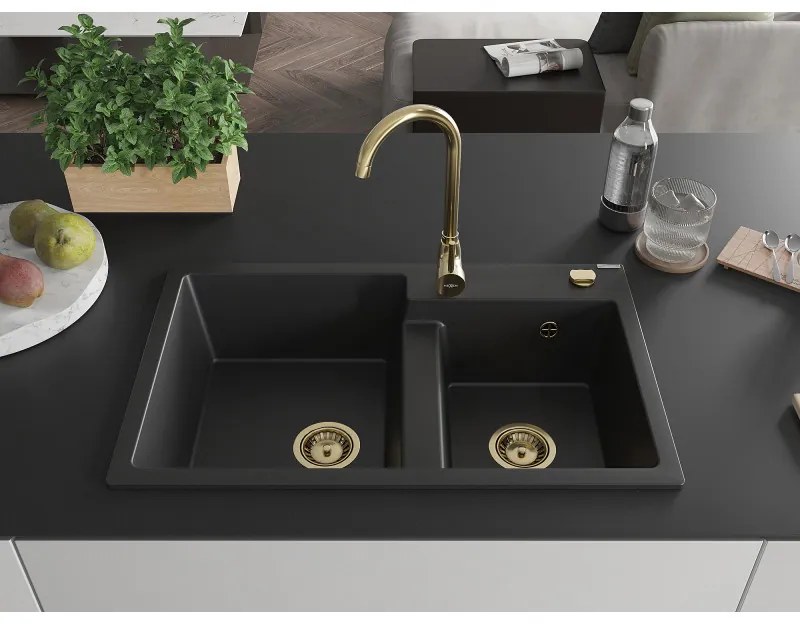 Mexen Tomas, granitový dřez 800x500x190 mm, 2-komorový, černá se zlatým sifonem, 6516802000-77-G