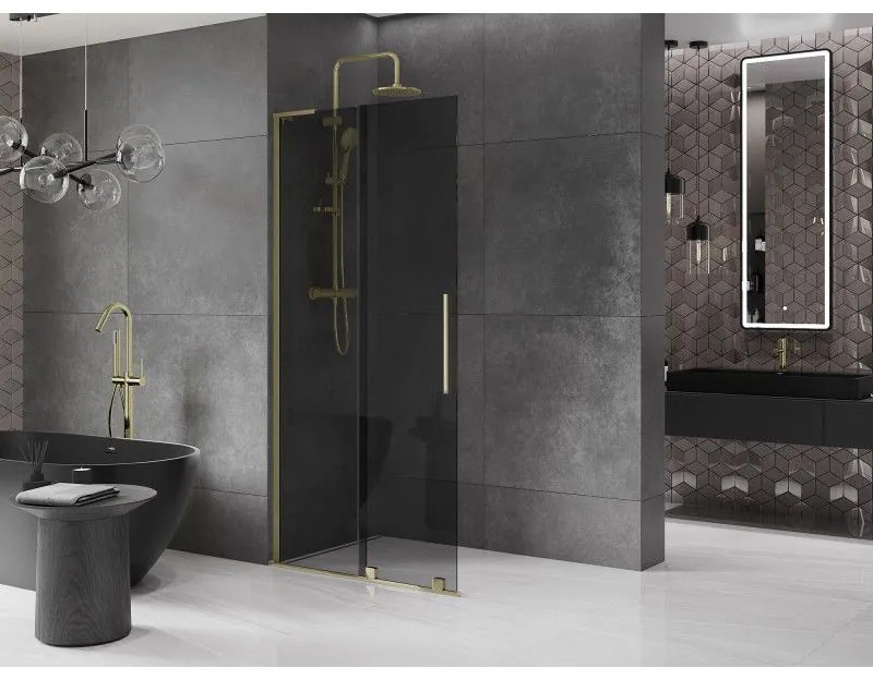 Mexen Velar L, posuvná sprchová zástěna Walk-in 100 x 200 cm, 8mm šedé sklo, zlatá lesklá, 871-100-003-43-50