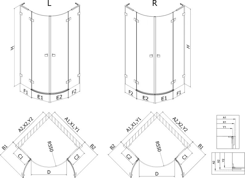 Mexen Lunar, L pravý půlkruhový sprchový kout 90 x 80 cm, 8mm čiré sklo, zlatý matný profil, 833L-090P-080L-55-00