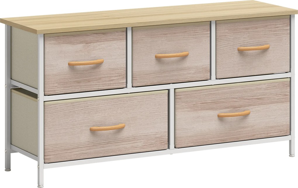 HOMCOM komoda s 5 látkovými zásuvkami a kovovým rámem — přírodní dřevo/bílá
