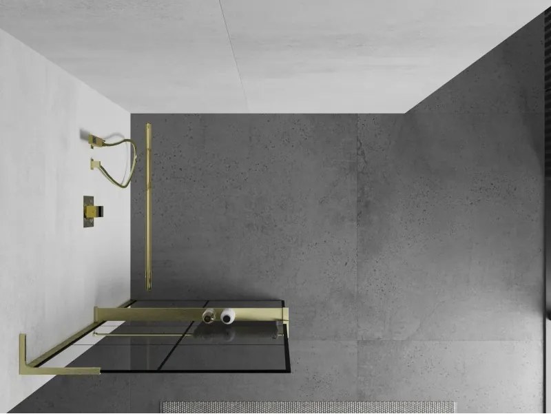 Mexen Kioto+ L, sprchová zástěna Walk-In s poličkou a věšákem 70 x 200 cm, 8mm čiré sklo černý vzor, zlatý matný profil, 800-070-123-55-77