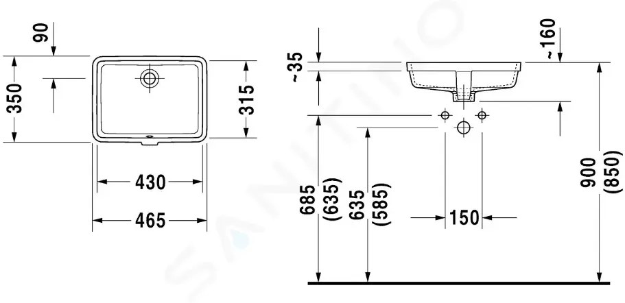 DURAVIT - Vero Umyvadlo zápustné 430x315 mm, s přepadem, WonderGliss, bílá (03304300001)