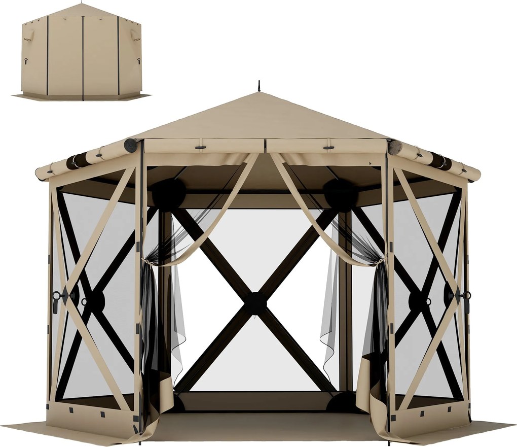 Outsunny hexagonální altán 3,0 x 2,6 m s podložkou, síťovými bočními panely a přepravní taškou — voděodolný, odolný proti UV, khaki | Aosom
