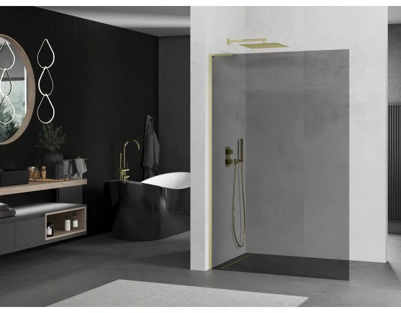 Mexen Kioto L, sprchová zástěna Walk-In 100 x 200 cm, 8mm šedé sklo, zlatý matný profil, 800-100-103-55-40