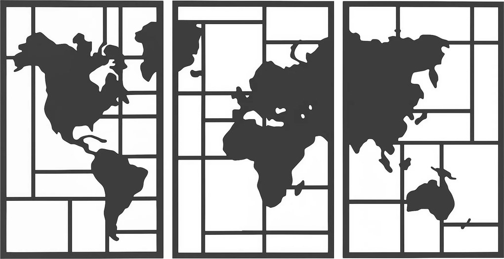 HOMCOM kovová mapa světa, sada 3 panelů — černá geometrická nástěnná dekorace do obývacího pokoje, ložnice či chodby | Aosom