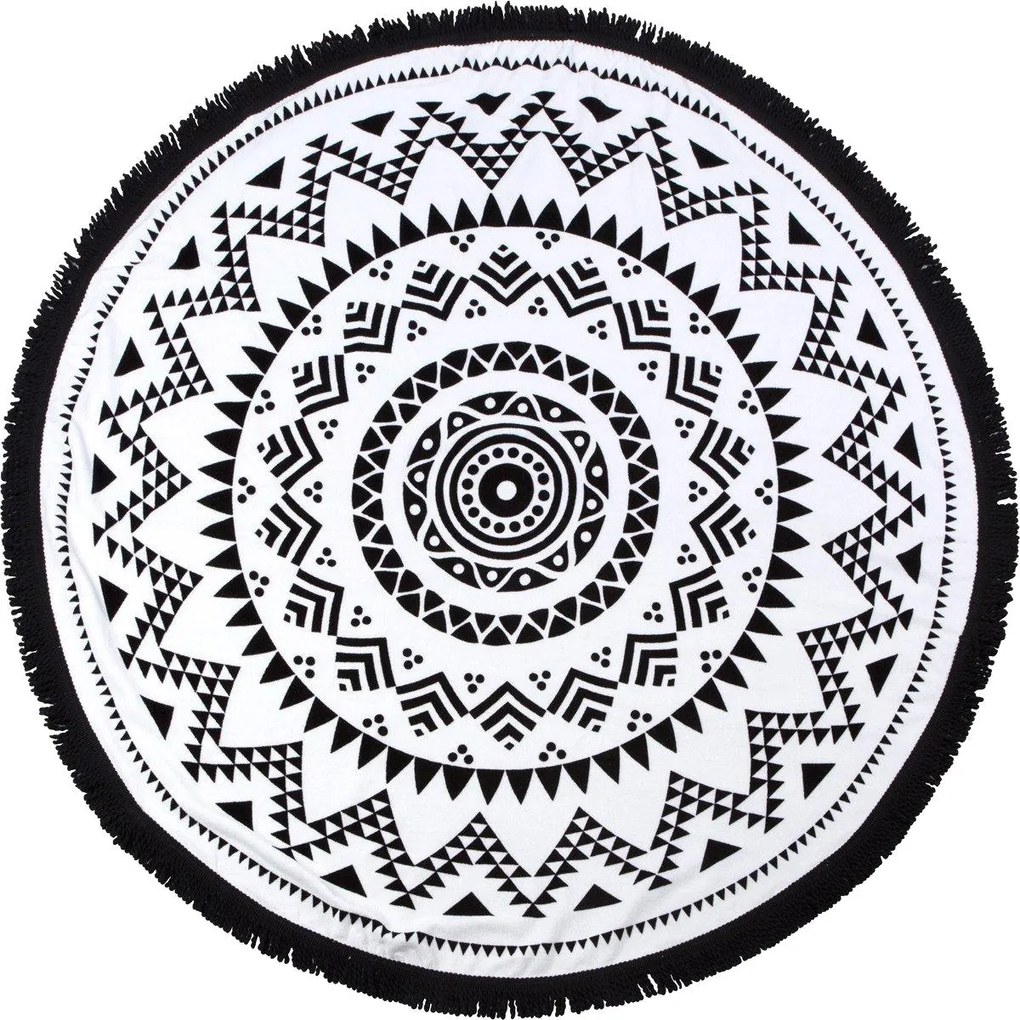 Plážová osuška Mandala Triangle, multifunkční 2v1, bílo-černý, 150 cm