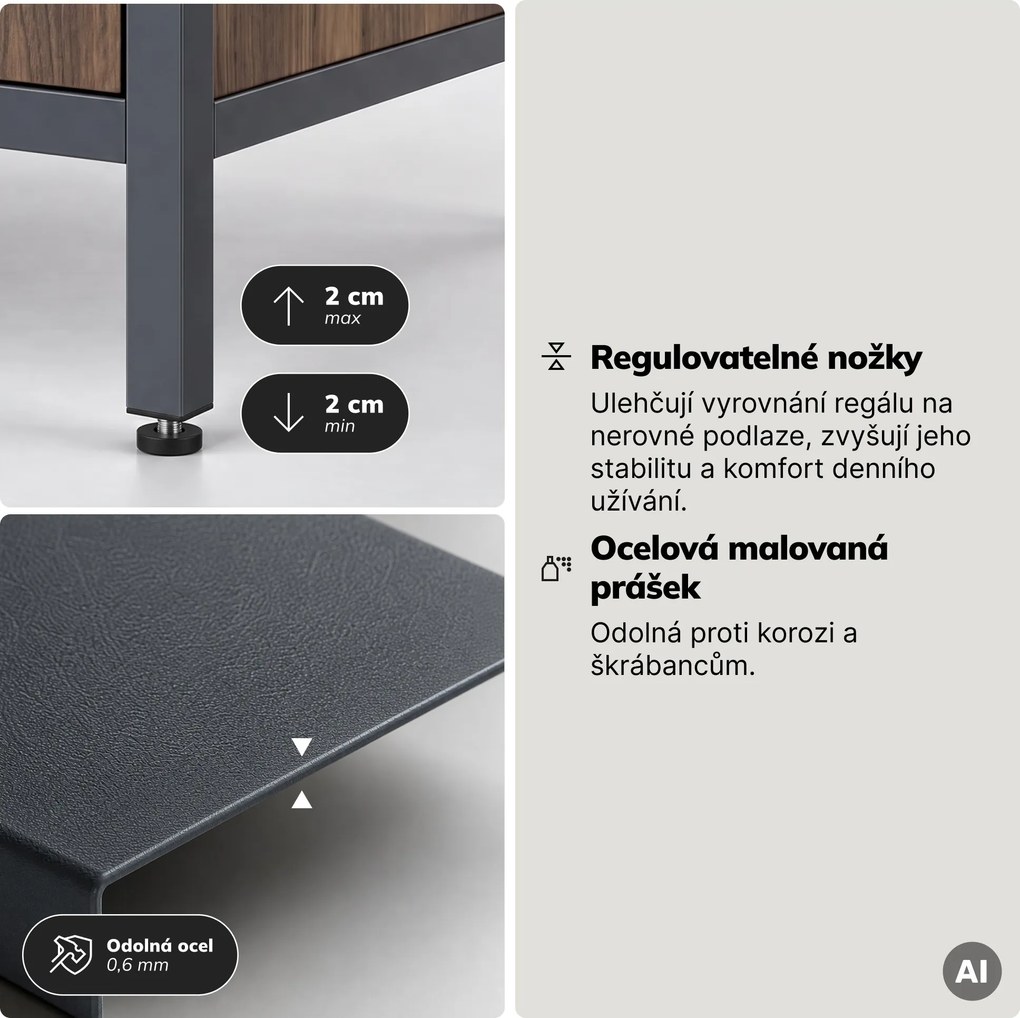 Regál se zásuvkami do kanceláře, na šanony a dokumenty, otevřené police, kovový, antracitový/ořech, 800x2200x400 mm: ARIEL Eco Design