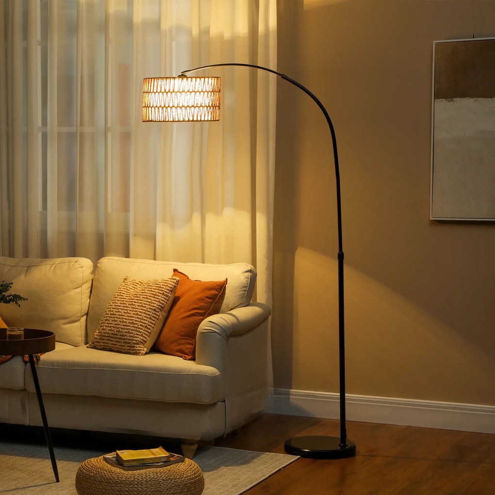 HOMCOM Stojací lampa s kloboukem z konopného provazu, výškově nastavitelná, nožní spínač, kov, černá