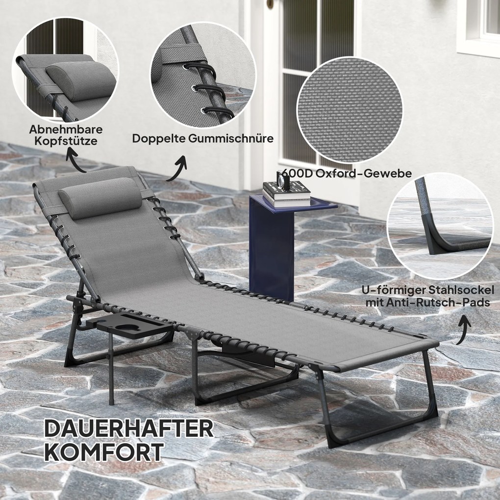 Skládací zahradní lehátko s polštářem pod hlavu, lehátko s 5 polohami nastavitelného opěradla do 120 kg