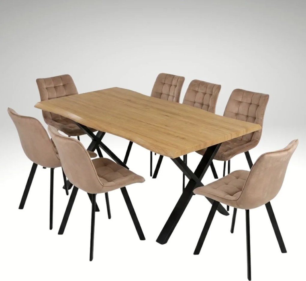 Vikio Jídelní set pro 8 osob 180x90 cm soft dub noha X béžová židle VJS238-8BE-S