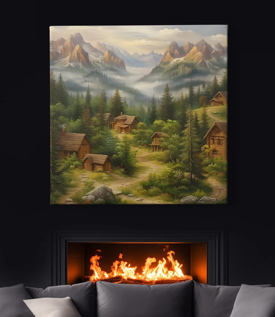 Obraz na plátně - Dřevěné chatky v kanadských horách FeelHappy.cz Velikost obrazu: 80 x 80 cm