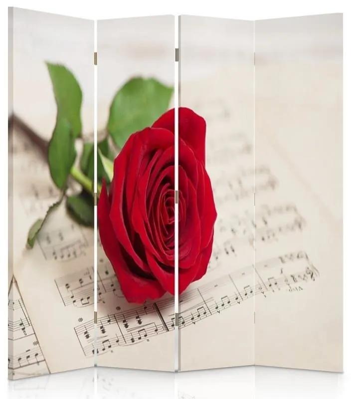 Ozdobný paraván Červená růže květ hudby - 145x170 cm, čtyřdílný, klasický paraván