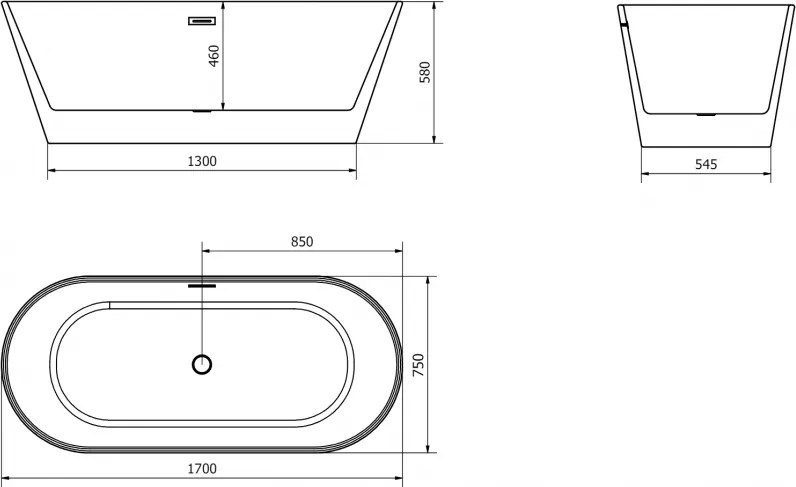 Mexen Flavia, volně stojící vana 170 x 75 cm, bílá, broušený grafit přepad, 54031708000-95