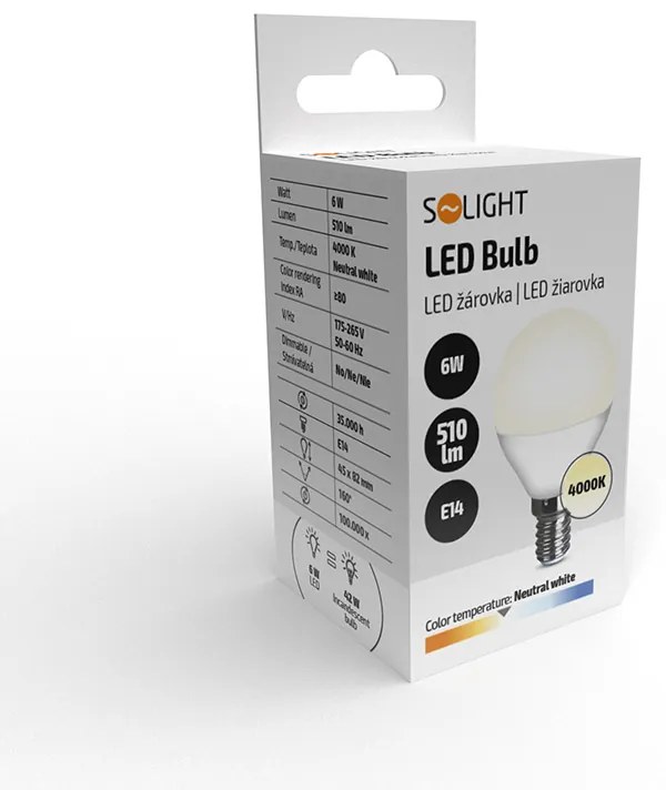 SOLIGHT LED žárovka miniglobe matná P45 6W, E14, 4000K, 510lm