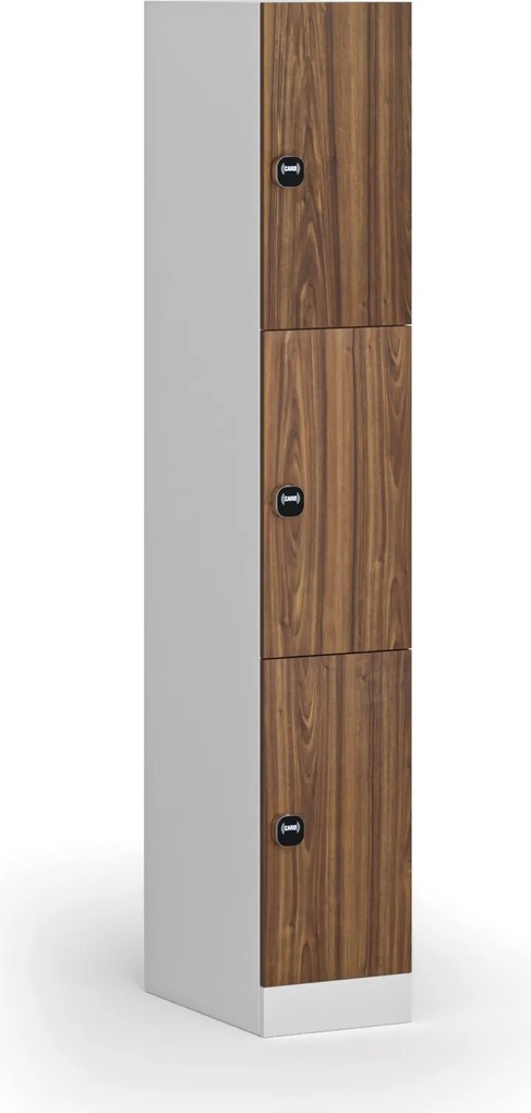 Šatní skříňka S1 s úložnými boxy, 3 boxy, 1850 x 300 x 500 mm, RFID zámek, laminované dveře, ořech