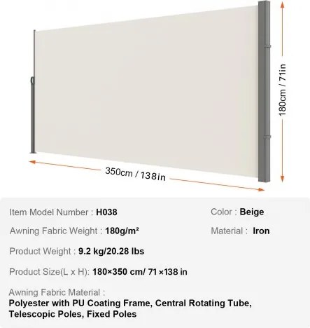 Stahovací boční markýza, 180,3 × 350,5 cm Venkovní ochranná – KSSCP180X350VY7PHV0