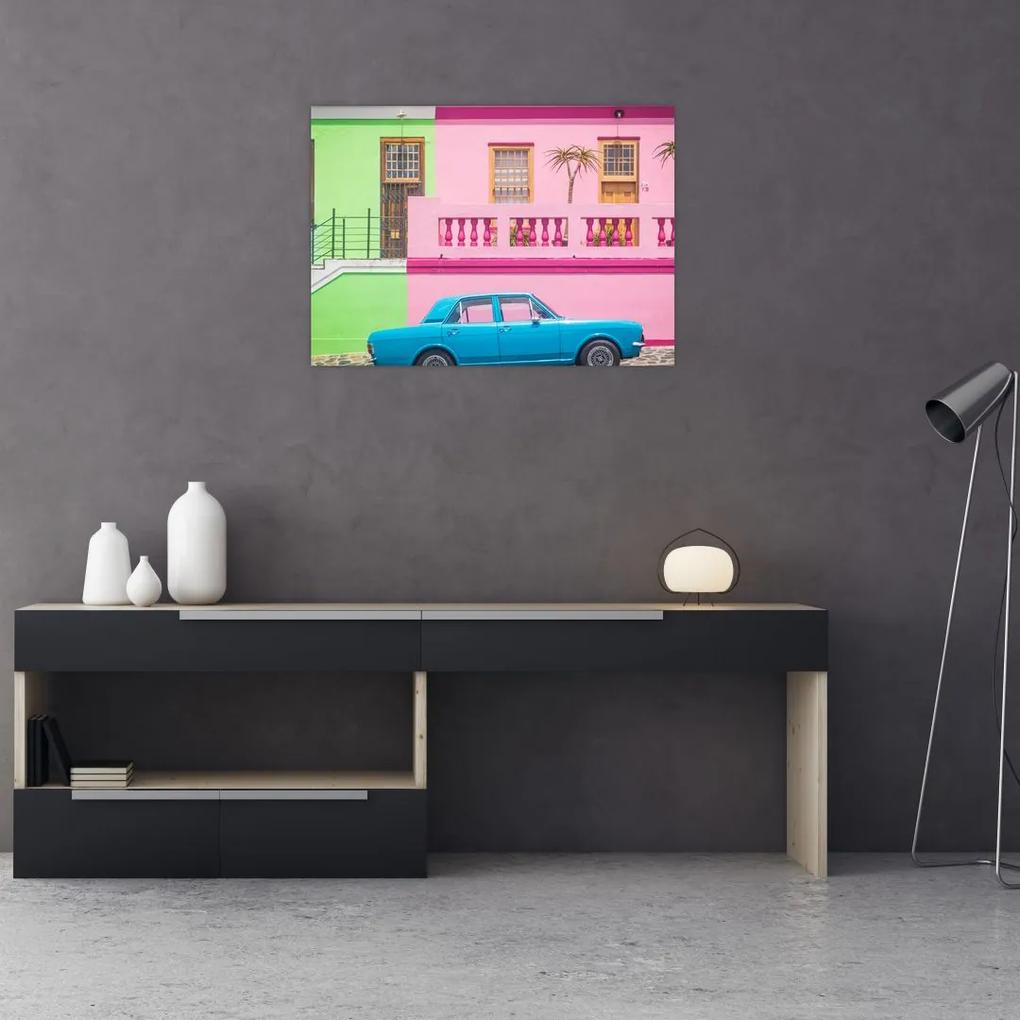 Skleněný obraz auta - barevné domy (70x50 cm)