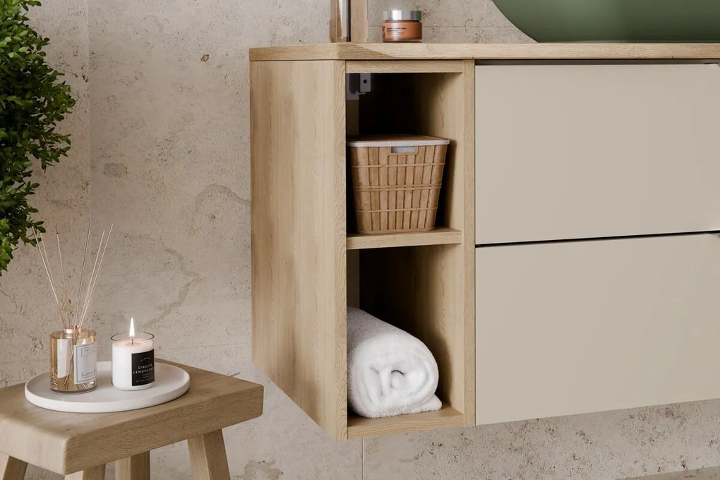 Závěsná skříňka pod umyvadlo Aster s deskou a regály 120 cm zelená/dub cremona