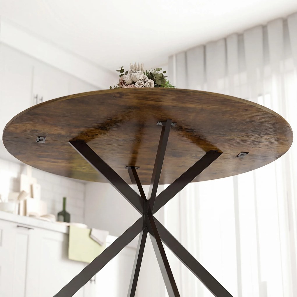 HOMCOM kulatý jídelní stůl pro 4 osoby, Ø100 cm, průmyslový styl, ocelové X-nohy, rustikální hnědá