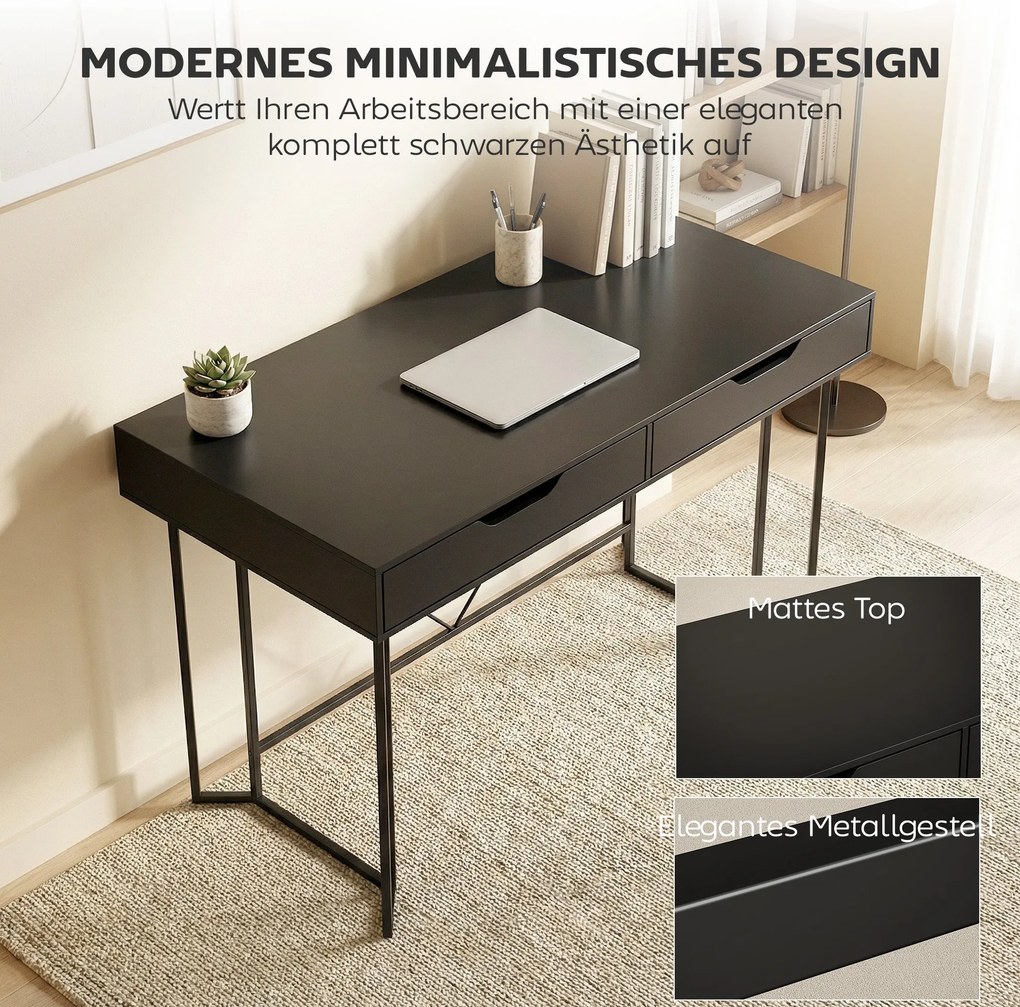 HOMCOM psací stůl s 2 zásuvkami, moderní design s kovovým rámem pro domácí kancelář a ložnici — 120 x 60 x 77 cm, černý