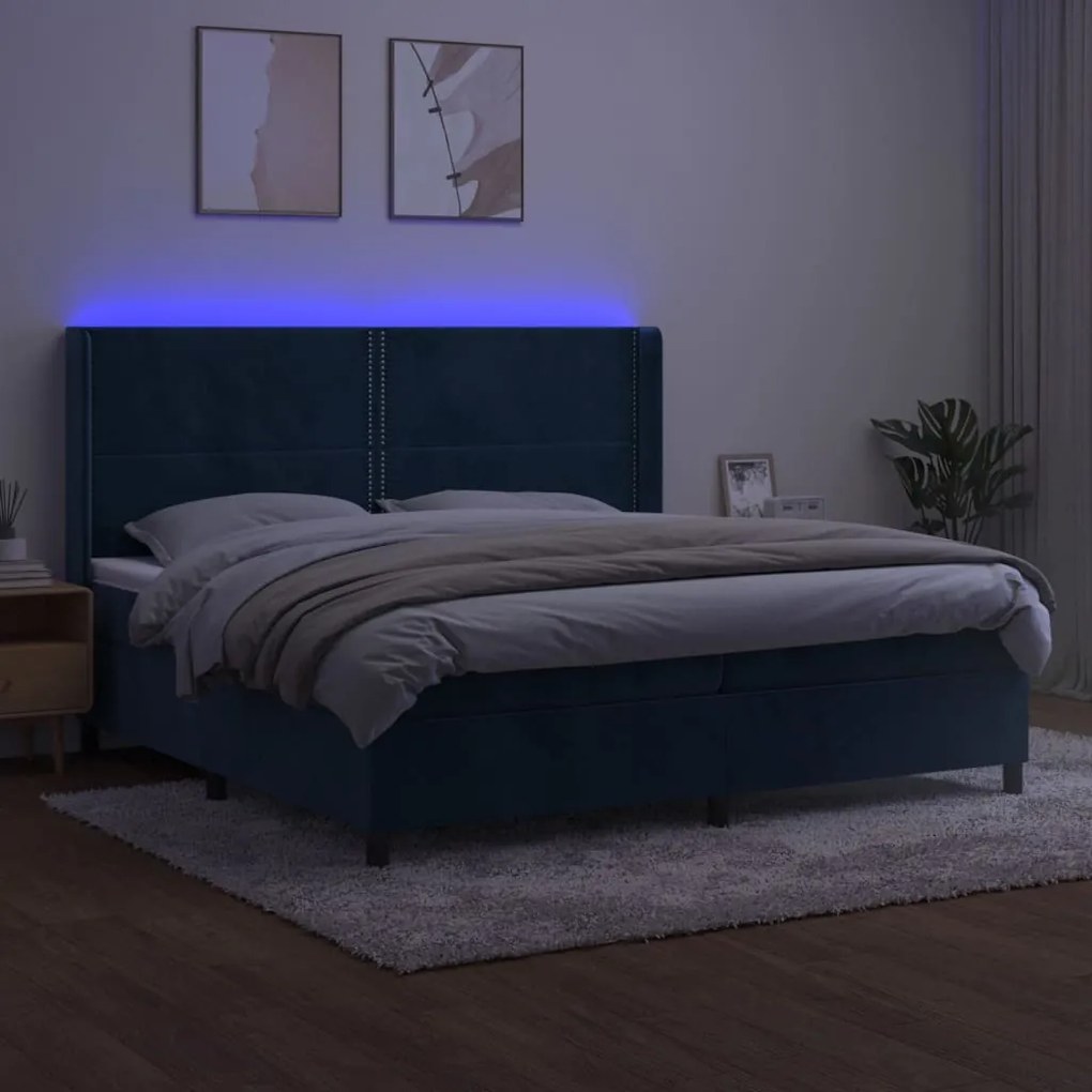 Box spring postel s matrací a LED tmavě modrá 200x200 cm samet,  3139527