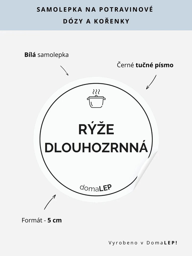 RÝŽE DLOUHOZRNNÁ – bílá samolepka na dózu, tučné písmo, 5 cm | DomaLEP