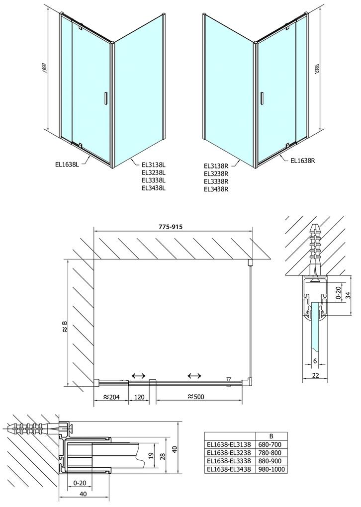 Polysan, Easy Line obdélníková sprchová zástěna pivot dveře 800-900x1000mm L/P varianta, brick sklo, EL1638EL3438