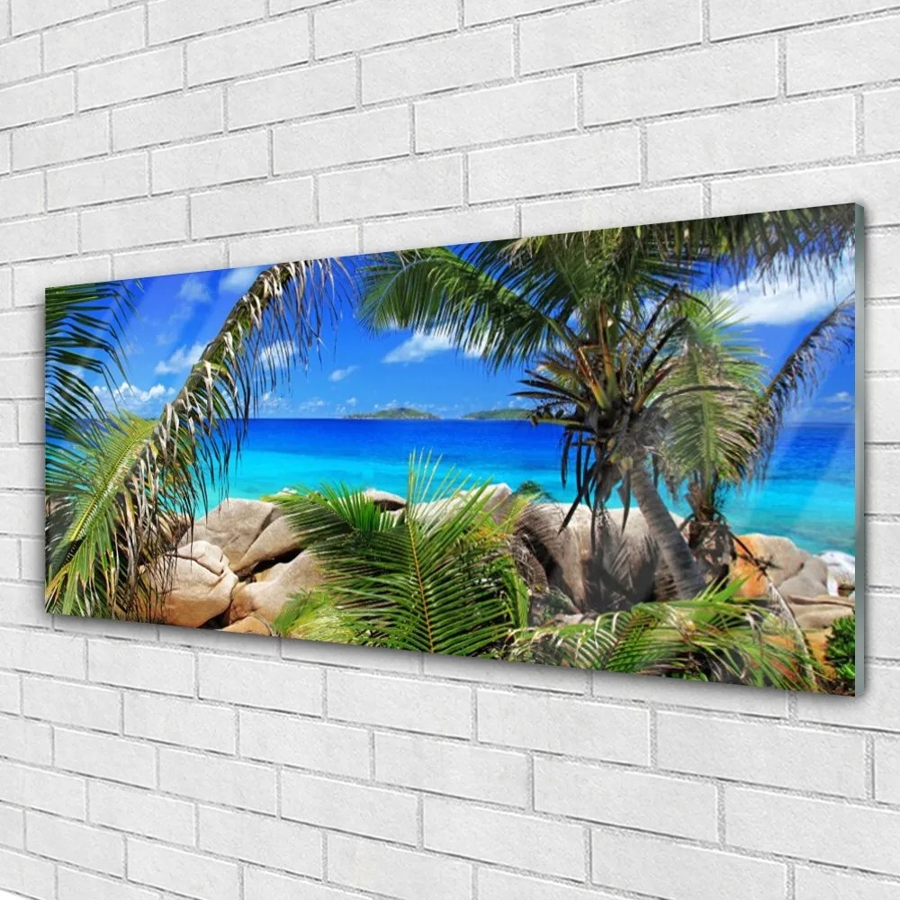 akrylový obraz Skála Listy Krajina 125x50 cm