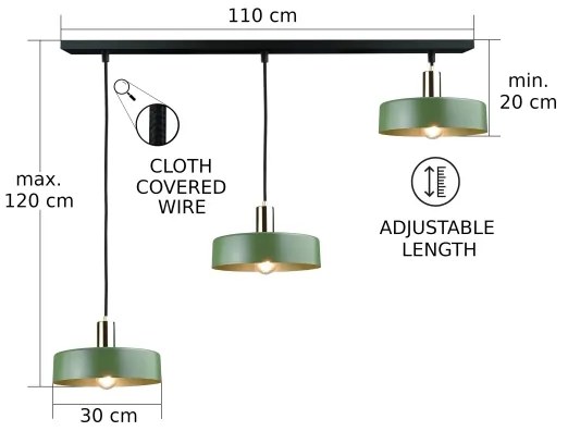 Lustr na lanku HAKI 3xE27/60W/230V zelená/černá/lesklý chrom